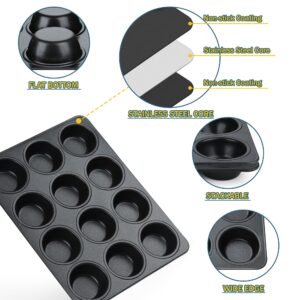 E-far Nonstick Muffin Pans 12 Cups, Stainless Steel Muffin Tin Cupcake Pan Tray for Baking, Stainless Steel Core & Non Toxic, Easy Release & Easy Clean, Black