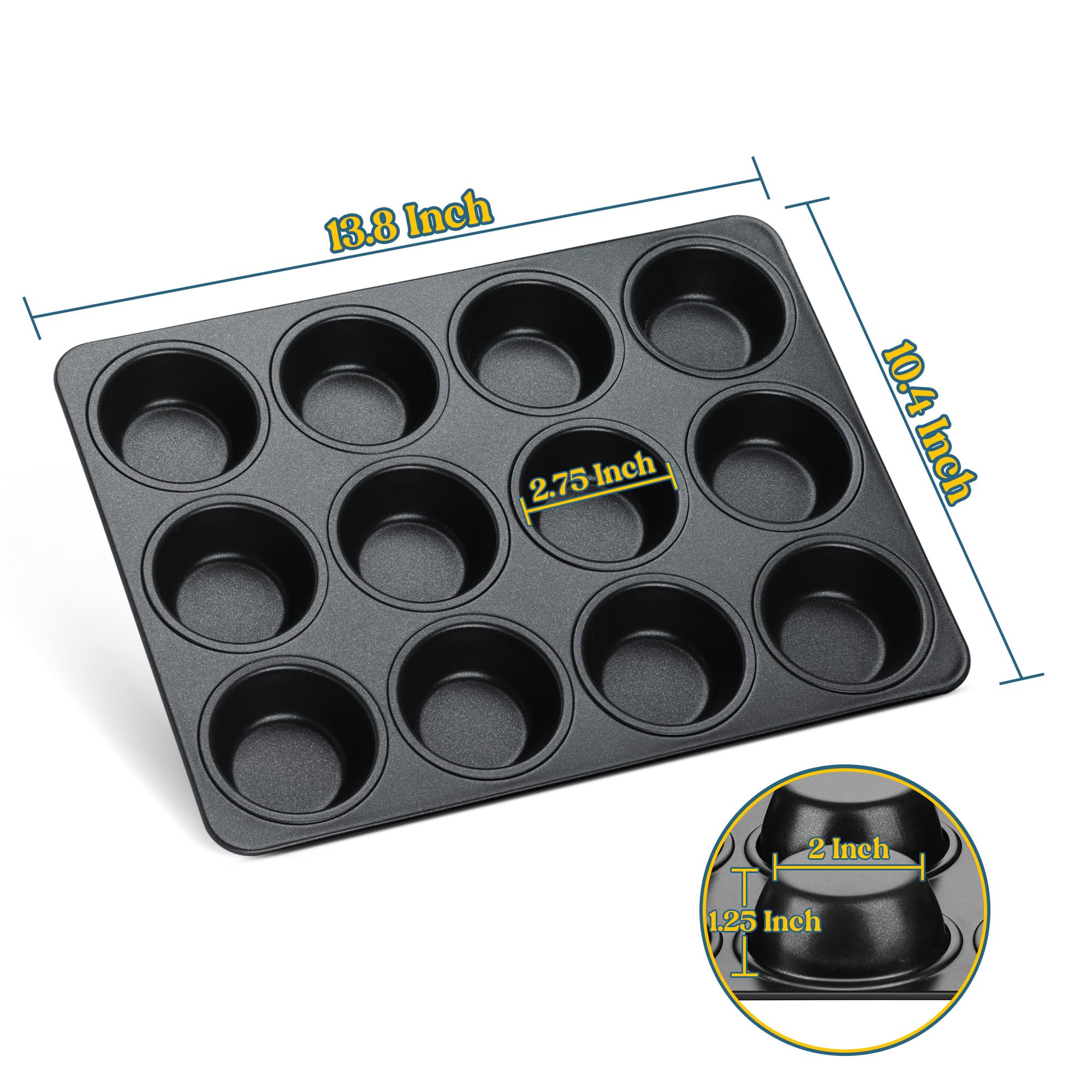 E-far Nonstick Muffin Pans 12 Cups, Stainless Steel Muffin Tin Cupcake Pan Tray for Baking, Stainless Steel Core & Non Toxic, Easy Release & Easy Clean, Black