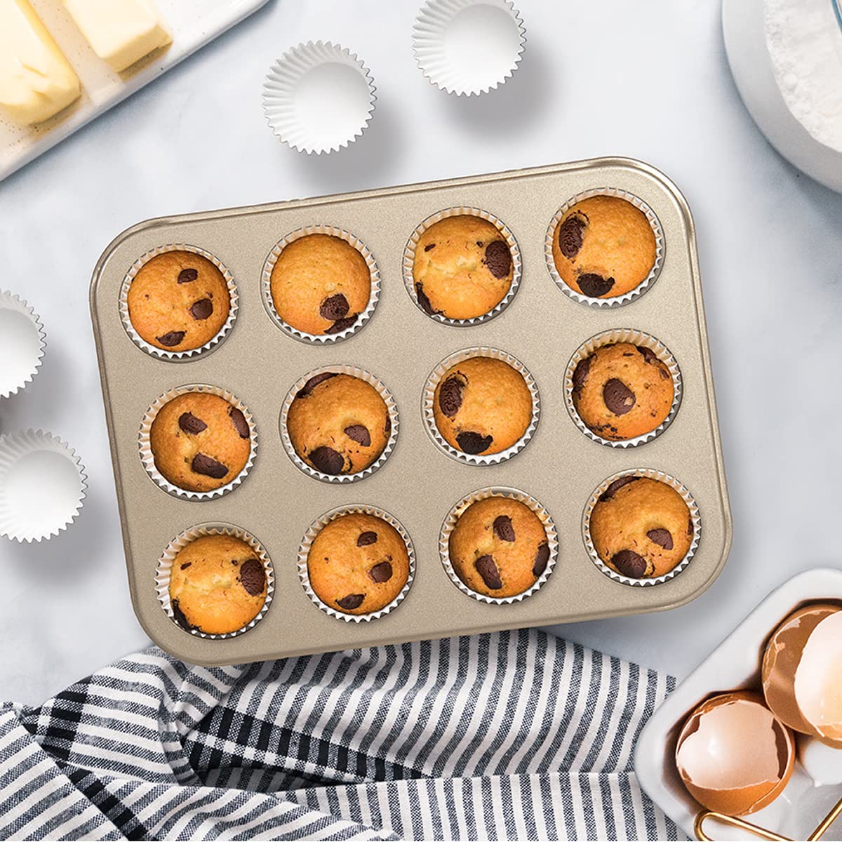 Glad Muffin Pan Nonstick-Heavy Duty Metal Cupcake Tin with Small Baking, Mini 12-Cup, Gold