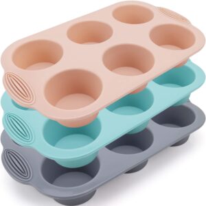 silicone muffin pan - 6-cavity nonstick baking tray for muffins, cupcakes, brownies and more - food grade and bpa free - pack of 3 colors (gray, orange, peacock blue)