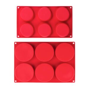 webake silicone molds for 3 inch and 4 inch round disc pan for cake, muffin top, bun, custard, tart, resin coaster, 6 cavity, red set of 2