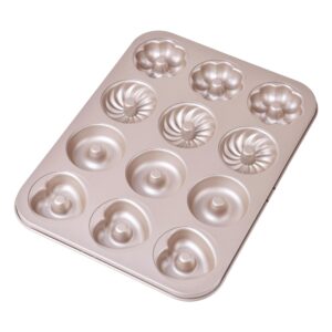 bakeley donut mold cake pan, 12-cavity non-stick ring doughnut bakeware for oven baking (champagne gold)