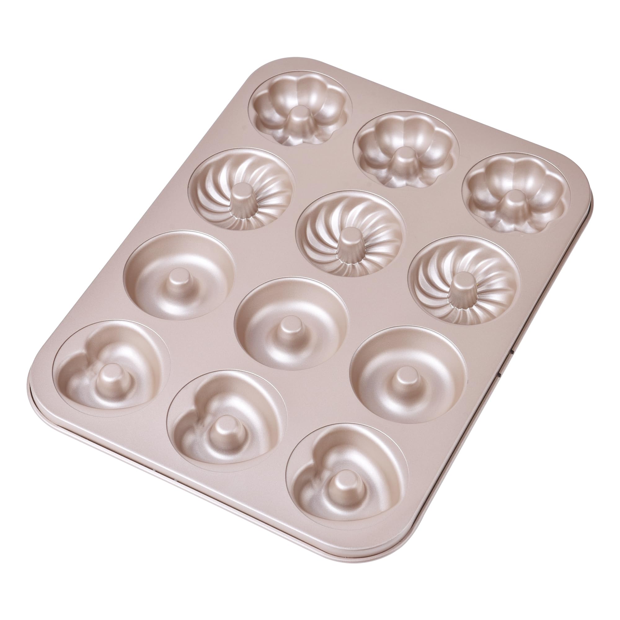 Bakeley Donut Mold Cake Pan, 12-Cavity Non-Stick Ring Doughnut Bakeware for Oven Baking (Champagne Gold)