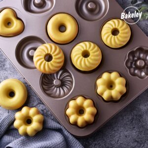 Bakeley Donut Mold Cake Pan, 12-Cavity Non-Stick Ring Doughnut Bakeware for Oven Baking (Champagne Gold)