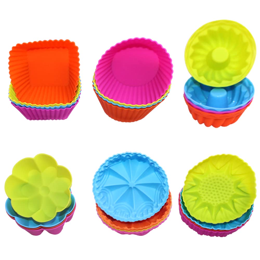 36 Pcs Silicone Cupcake Baking Cups, AIFUDA Reusable Mini Cake Cups Liners Mold Nonstick Muffin Donut Pan, 9 Shapes