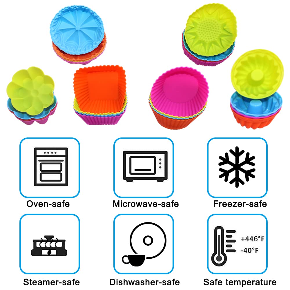 36 Pcs Silicone Cupcake Baking Cups, AIFUDA Reusable Mini Cake Cups Liners Mold Nonstick Muffin Donut Pan, 9 Shapes