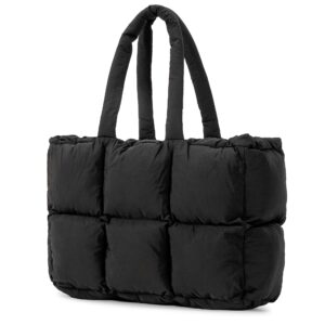 herald puffer tote bag for women, large quilted puffy handbag lightweight winter down padding lattice satchel purse (black)