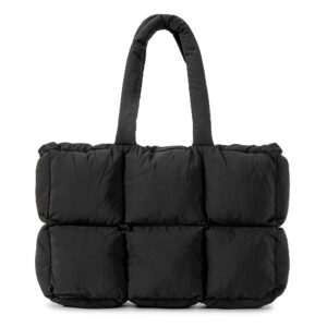 Herald Puffer Tote Bag for Women, Large Quilted Puffy Handbag Lightweight Winter Down Padding Lattice Satchel Purse (Black)