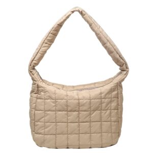 azuraokey puffer tote bag for women, quilted cotton padd signer, autumn nter ta nylon lattice shoulr bag pure color lar crossbody bags-khaki