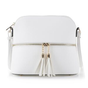 sg sugu lunar lightweight medium dome crossbody bag shoulder bag with double tassels | zipper pocket | adjustable strap|white