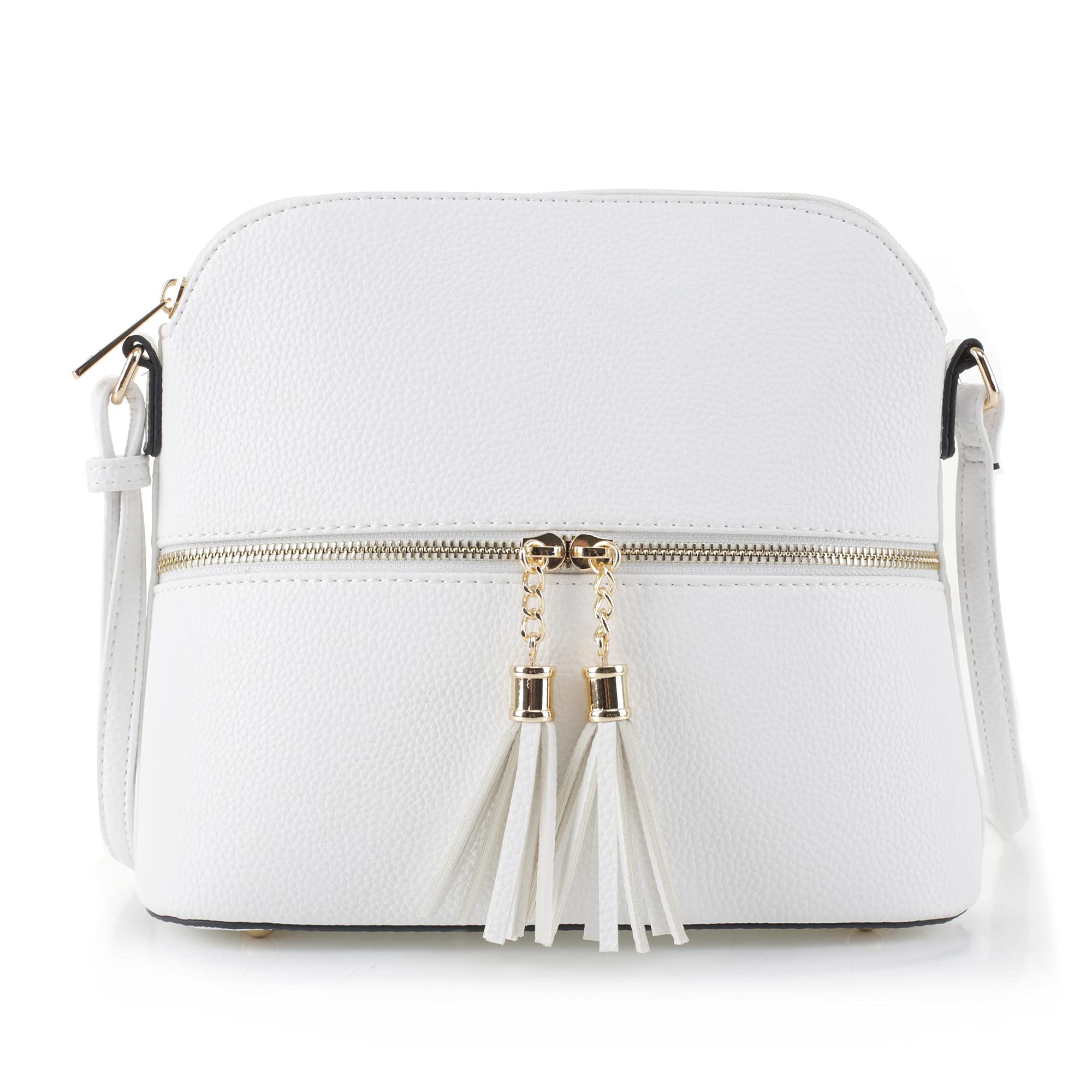 SG SUGU Lunar Lightweight Medium Dome Crossbody Bag Shoulder Bag with Double Tassels | Zipper Pocket | Adjustable Strap|White