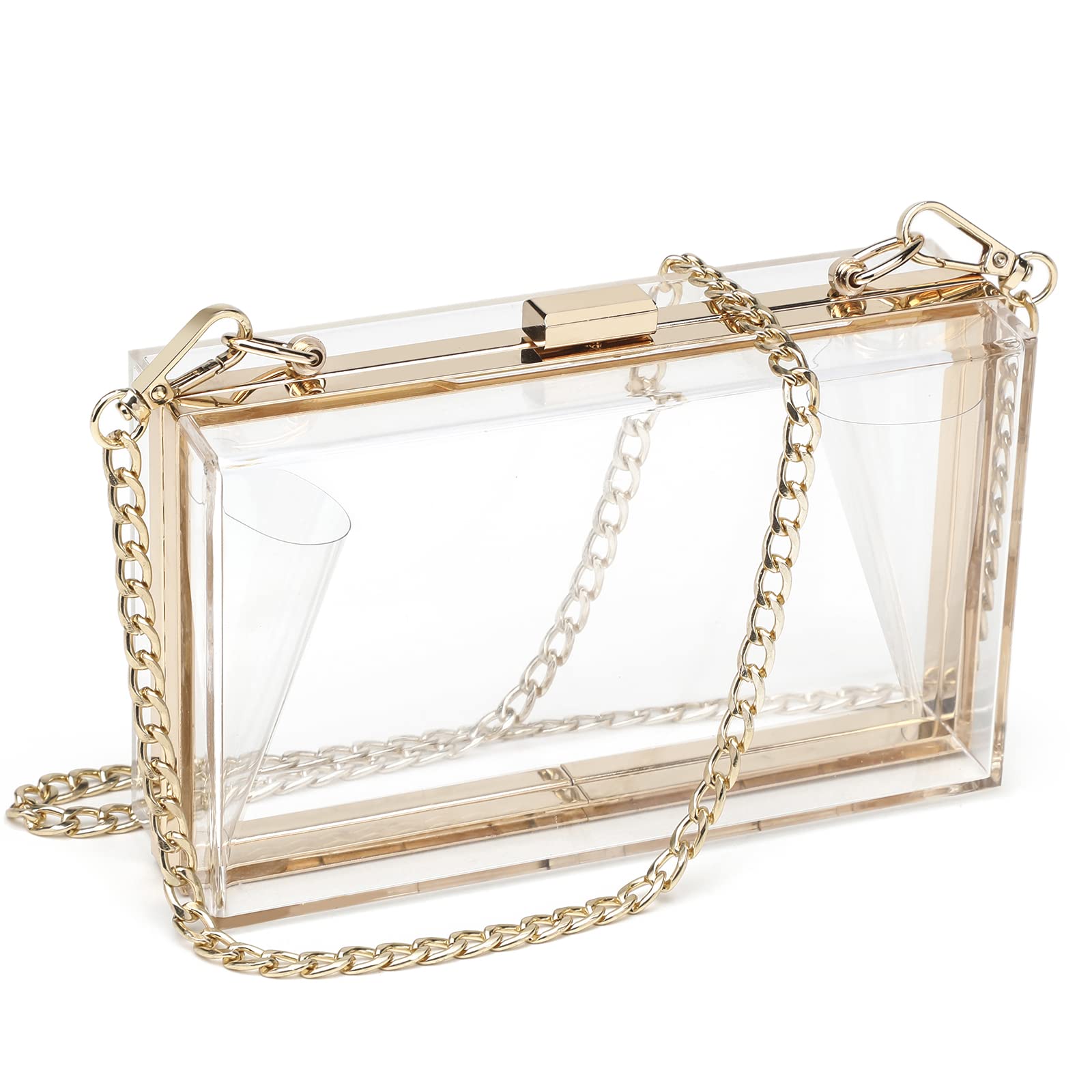 SharPlus Women Cute Clear Purse Acrylic Box Clutch Handbag, Transparent Crossbody Evening Bag Stadium Approved Gold Chain Strap