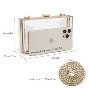 SharPlus Women Cute Clear Purse Acrylic Box Clutch Handbag, Transparent Crossbody Evening Bag Stadium Approved Gold Chain Strap