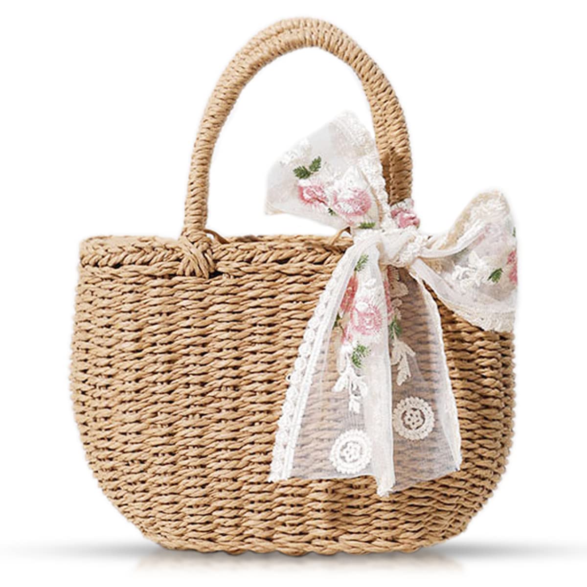 Straw Bag, Beach Bag for Woman, Bohemian Hand-Woven Handbags, Basket Bag with Ribbon, Straw Beach Bag Suitable for Picnic, Travel, Daily Matching(Khaki)