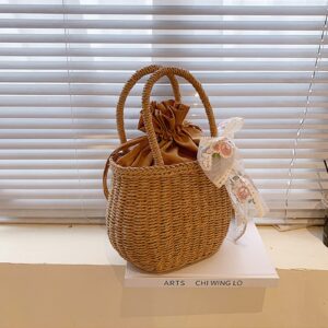 Straw Bag, Beach Bag for Woman, Bohemian Hand-Woven Handbags, Basket Bag with Ribbon, Straw Beach Bag Suitable for Picnic, Travel, Daily Matching(Khaki)