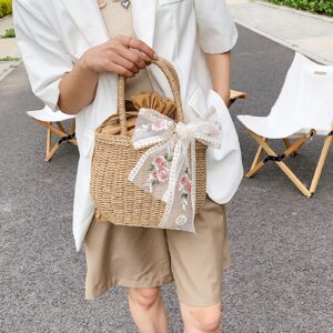 Straw Bag, Beach Bag for Woman, Bohemian Hand-Woven Handbags, Basket Bag with Ribbon, Straw Beach Bag Suitable for Picnic, Travel, Daily Matching(Khaki)