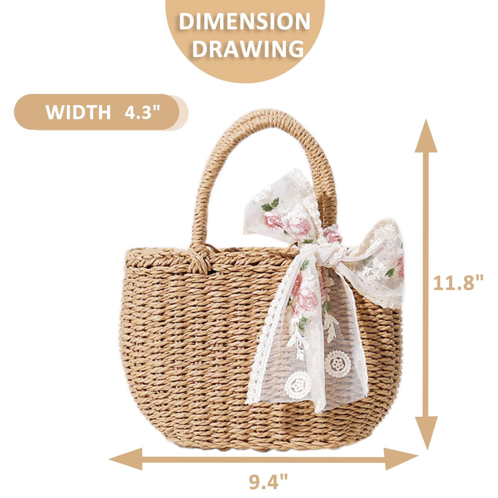 Straw Bag, Beach Bag for Woman, Bohemian Hand-Woven Handbags, Basket Bag with Ribbon, Straw Beach Bag Suitable for Picnic, Travel, Daily Matching(Khaki)