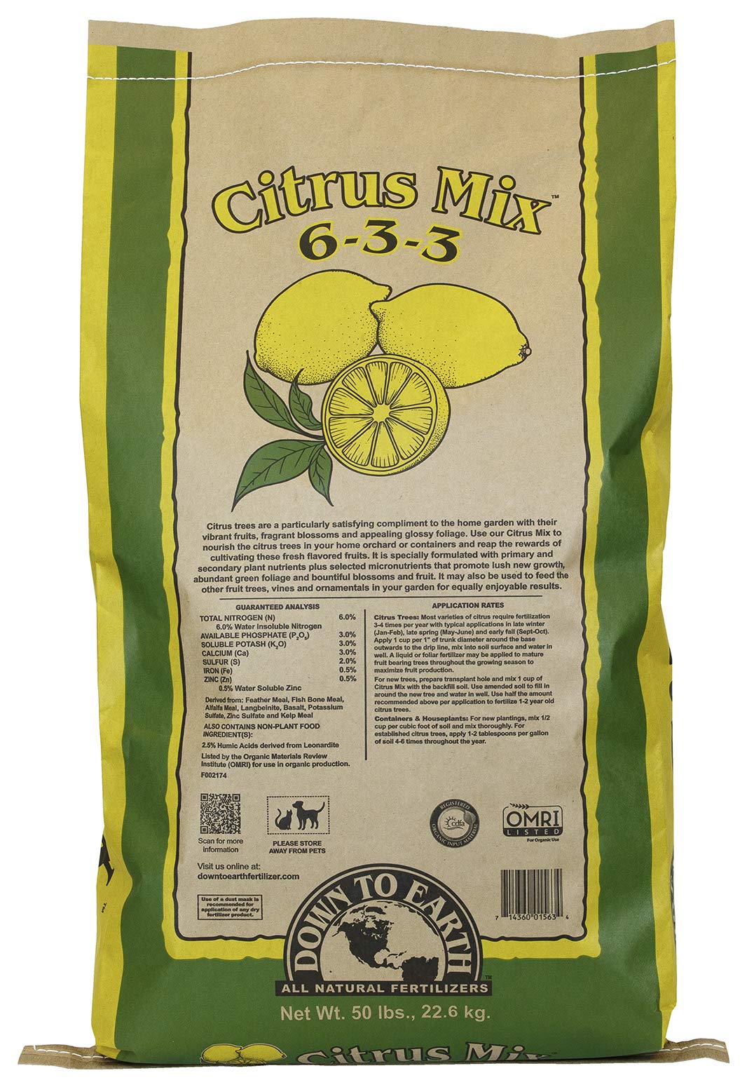 Down to Earth All Natural Fertilizers Organic Citrus Mix 6-3-3, 50 lb Bag Fertilizer for Lemons, Limes, Oranges Citrus Trees