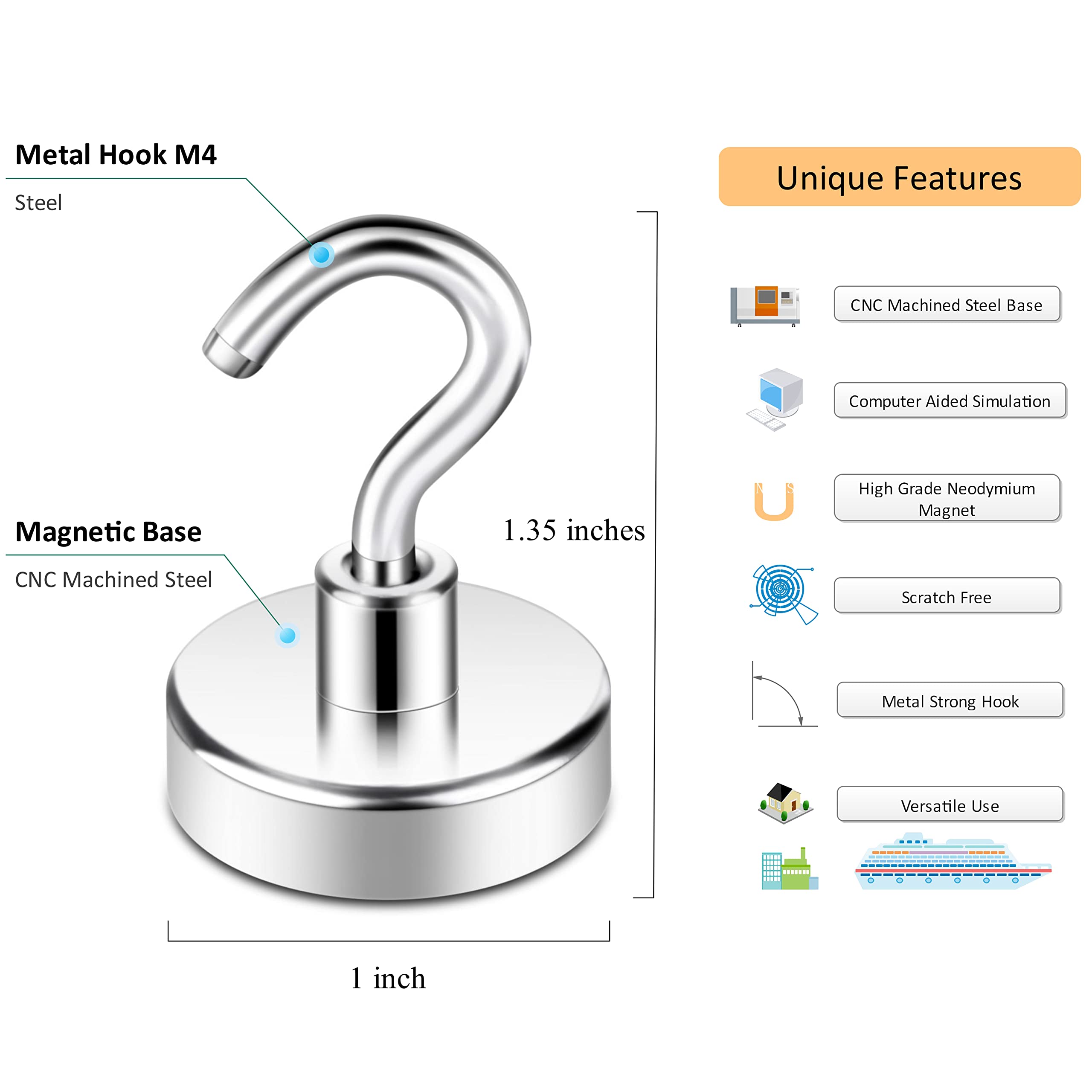 Neosmuk Magnetic Hooks,Heavy Duty Earth Magnets with Hook for Refrigerator, Extra Strong Cruise Hook for Hanging, Magnetic Hanger for Curtain, Grill(Silver, 6 Pack)