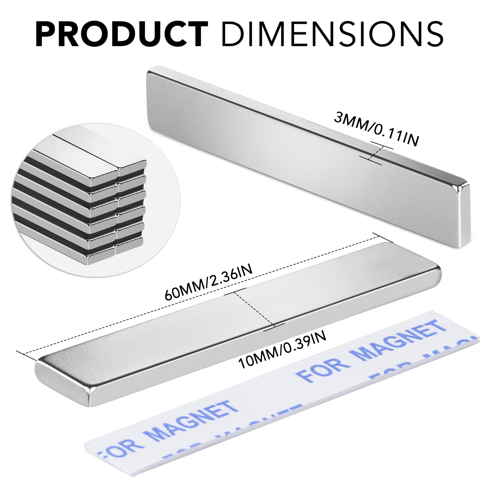 TRYMAG Neodymium Magnet, 6 Pack Strong Bar Magnets with Double-Sided Adhesive, Heavy Duty Metal Magnet Bar, Epoxy Coating Earth Magnets Perfect for Shower Door, Garage, Science, DIY - 60 x 10 x 3 mm