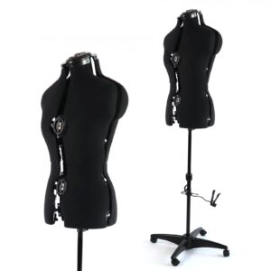 pdm worldwide black dress form adjustable mannequin for sewing, female size 6-14 pinnable body form with 13 dials & detachable casters, 42.5"-60" height range for clothing display, small to medium