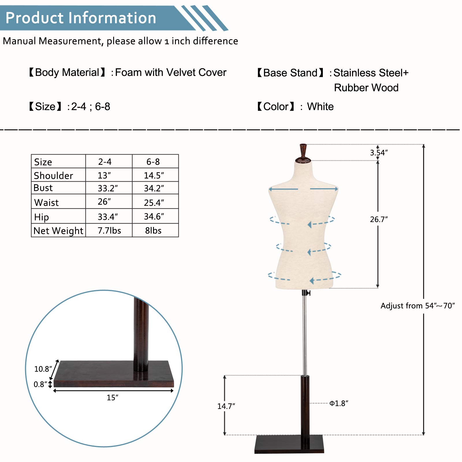 VINGLI Female Dress Form, Mannequin Torso Body with Adjustable Wood Stand for Dress Display Clothes Design, Pinnable Manikin (White, 2-4)