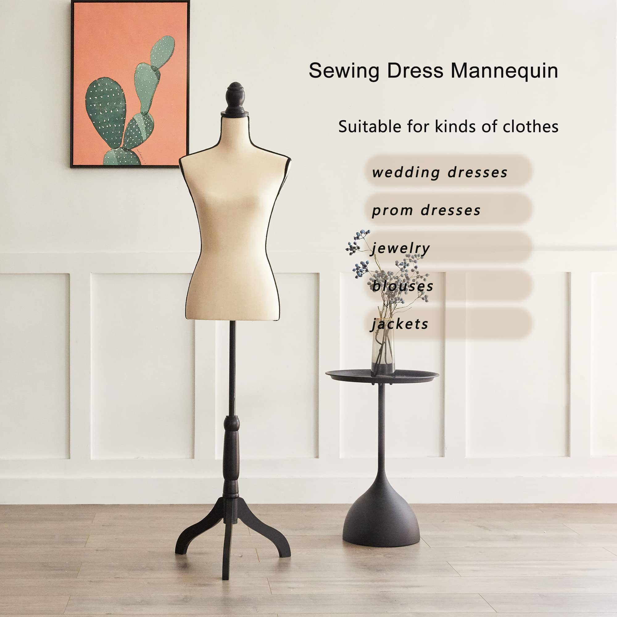 Encomle Dress Form Female Mannequin Torso, Height Adjustable Mannequin Body with Stand for Sewing, Display, Beige