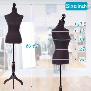 Mannequin Torso Manikin Body Dress Form with Wooden Tripod Stand 60”-67” Height Adjustable Female Clothing Form Pinnable Mannequin Jewelry Display, Black