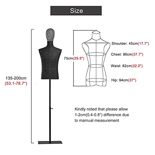 Dressmaker's Dummy Black Man Mannequin Torso with Metal Head & Flexible arms , Dress Code Clothing Display Dummy , Adjustable Height: 135-200cm (Without Arms )