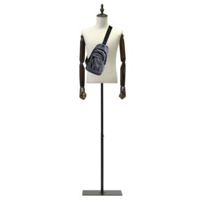 Male Mannequin Torso with Metal Stand and Wooden Arms , Dress Form Male Height Adjustable 53-76inch, Pinnable Torso Display for Clothing Retail Sewing Shop (without holders)