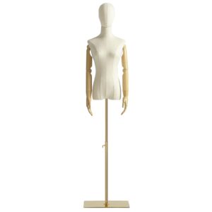 female mannequin dress form torso, display mannequin body with detachable head, wooden hands and golden adjustable height stand, for dress jewelry display, beige (gold)