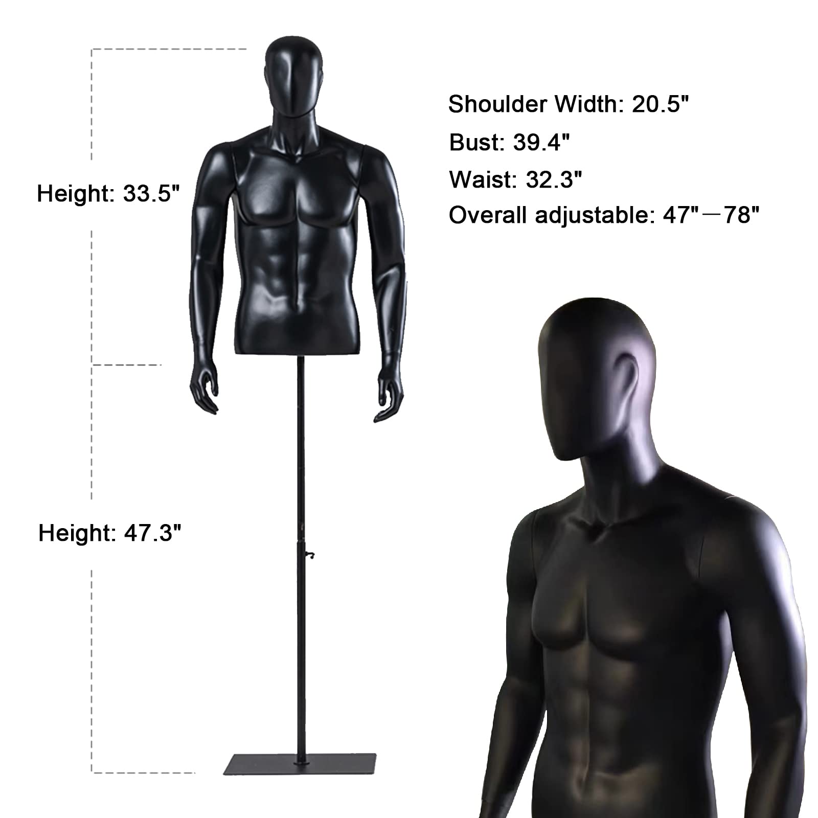 Male Mannequin Torso Manikin Dress Form 47-78 Inch Height Adjustable Detachable Arms Sewing Dress Model Mannequin, Mannequin Display with Metal Base Stand Head Dress Mannequin Clothing Form (Black)