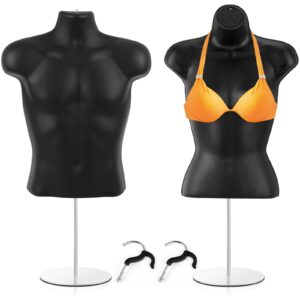 kigley 2 pcs male and female mannequin torso with stand black dress form mannequin hollow back body torso set half body t shirt display for craft show counter top photo design, s-medium clothes size