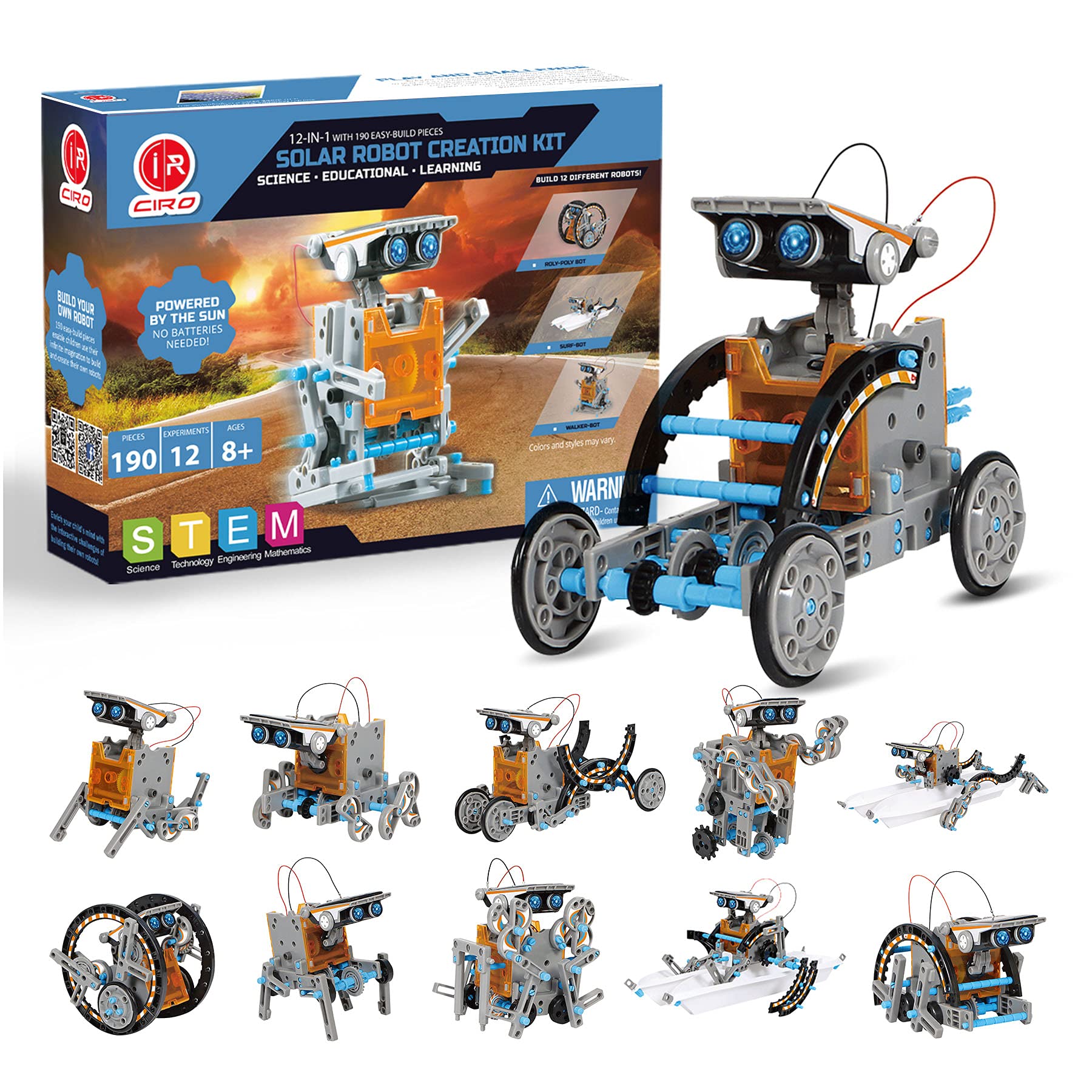 12-in-1 Solar Robot Toys STEM Education Activites Kits for Kids 8-12 190 Pieces Building Sets