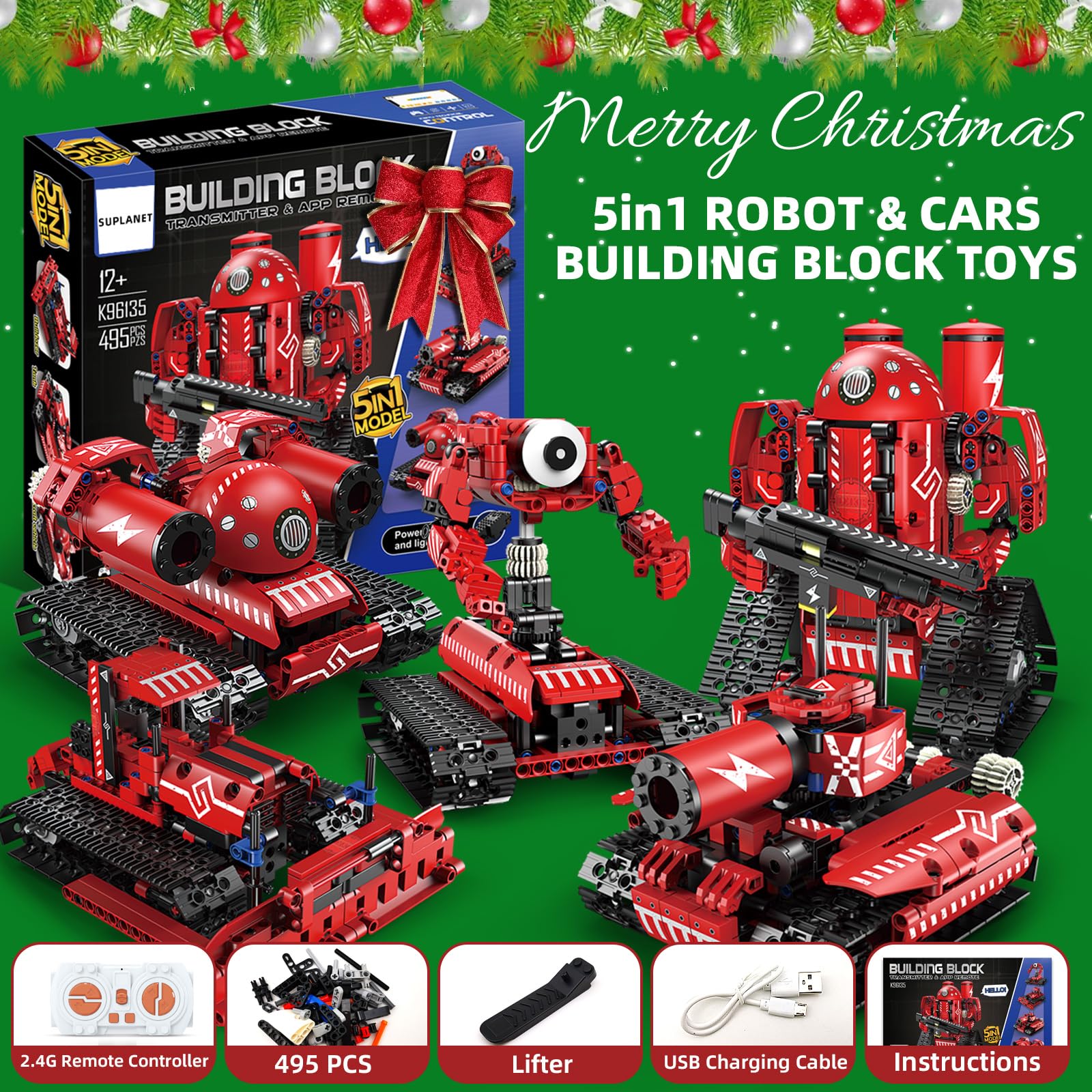 Suplanet STEM Robot Toys for Kids Ages 8-14, 5-in-1 Remote Control and APP Programmable Robot Toys - 495 Pcs DIY Building Science Educational Kit, Building Block Birthday Gift for Teen Boys Girls