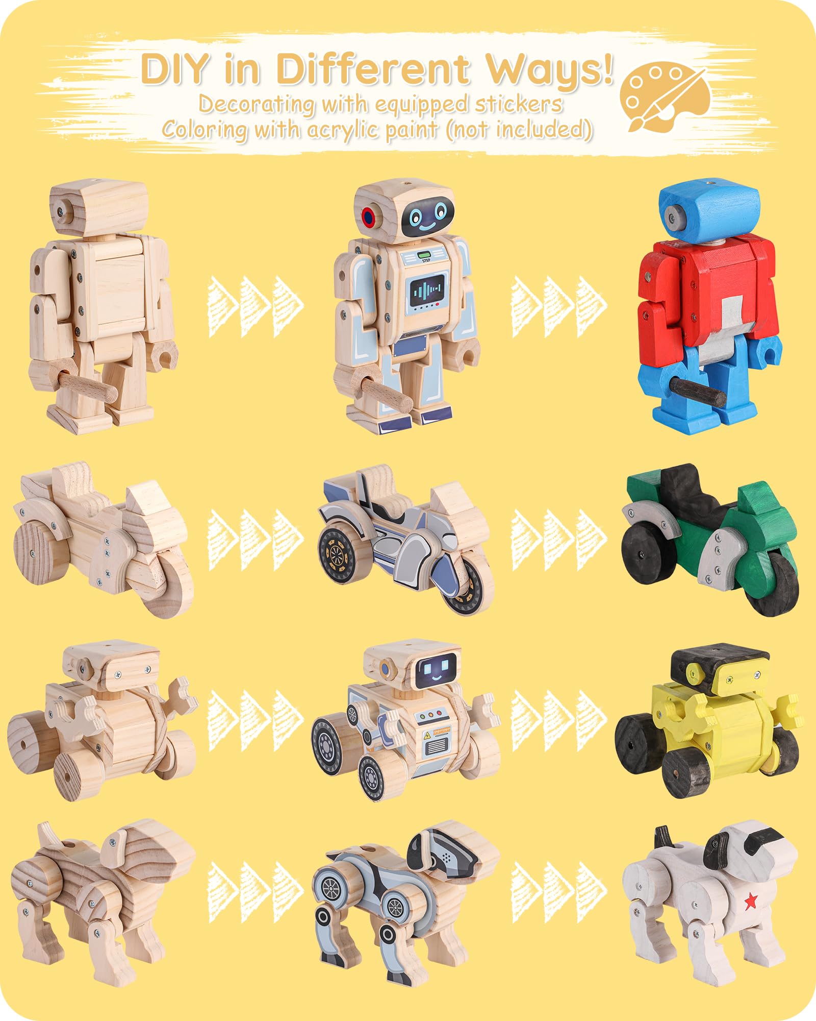 SainSmart Jr. 4-in-1 STEM Kits, Wooden Robot Assembly Toy Set, Woodworking Crafts Projects for Kids, Gift for Boys and Girls