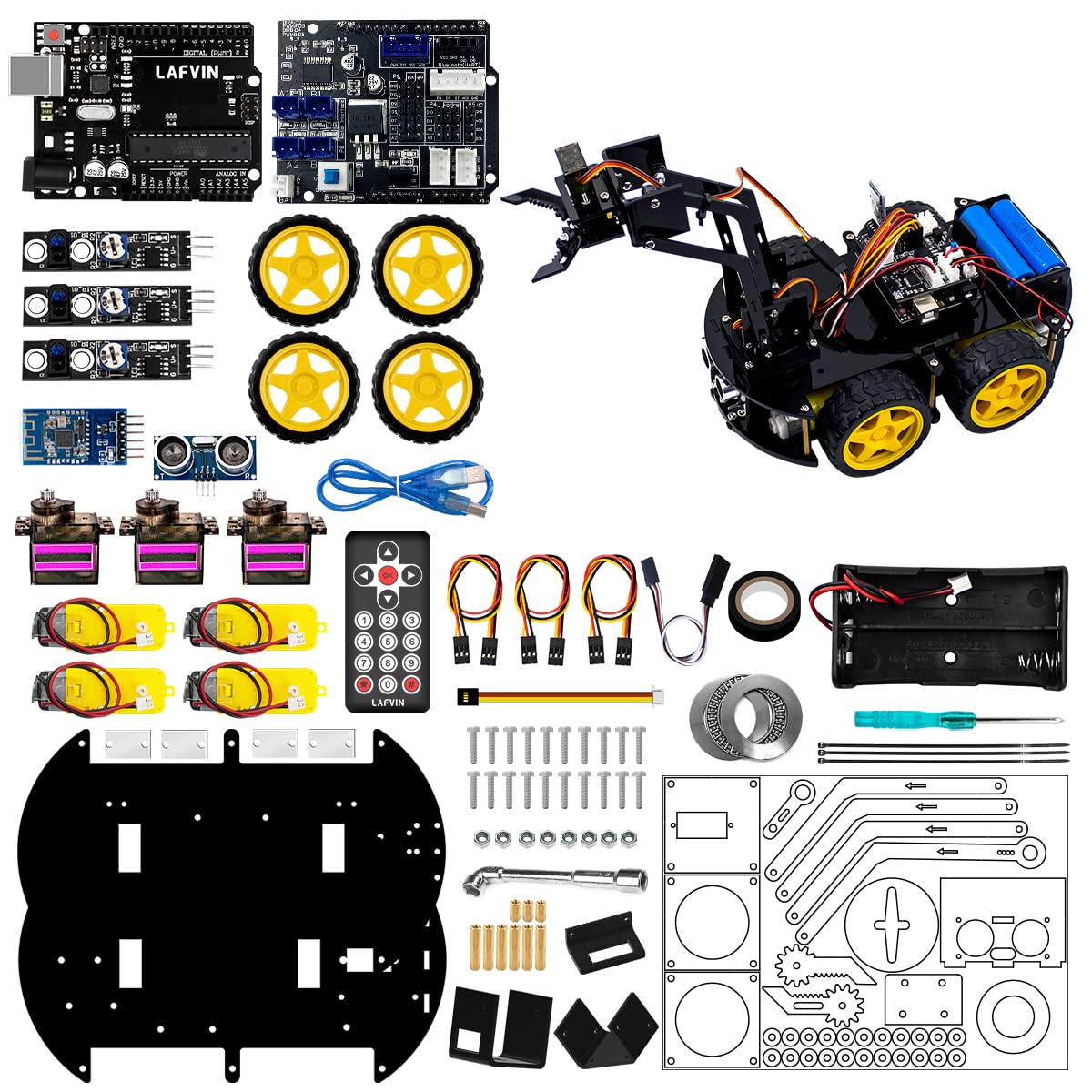 LAFVIN Mechanical 4WD Robot Arm Smart Car Kit Robot STEM/Graphical Programming Robot Car Compatible with Arduino IDE with Tutorial