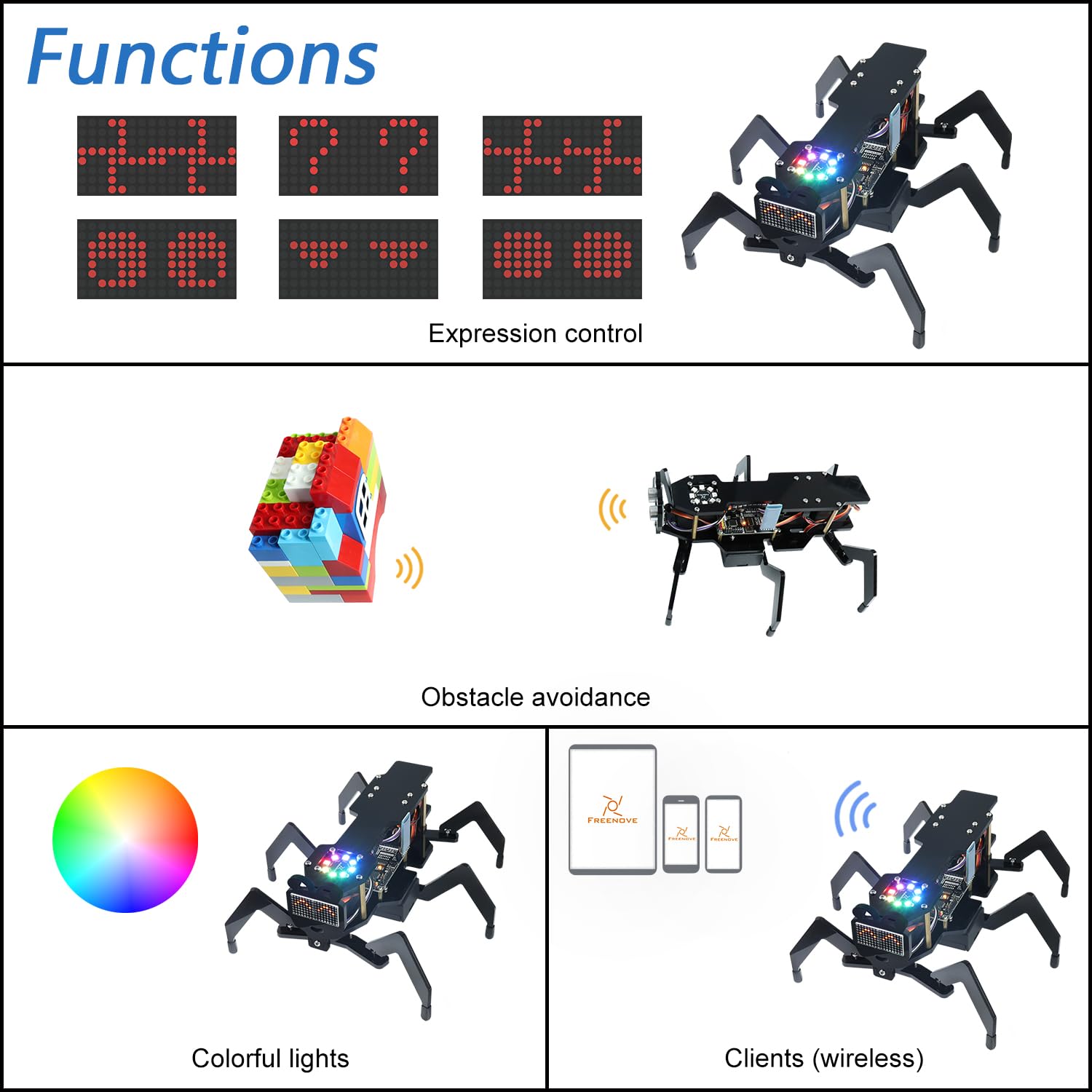 Freenove Robot Ant Kit (Compatible with Arduino IDE), Dot Matrix Expressions, Ultrasonic Obstacle Avoidance, Colorful Lights, App, STEM Project