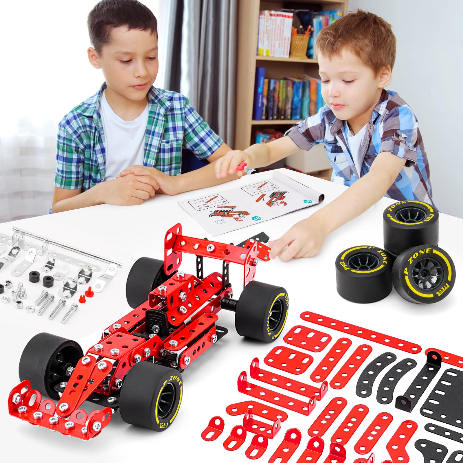 Ferthor Fun Building Car Metal Model Kits,STEM Building Toys Model Car Kits for Boys 8-12,Erector Set 1:20 Scale Red Racing Car Metal Building Blocks for Kids Boys 8 9 10 11 12-16 Years Old