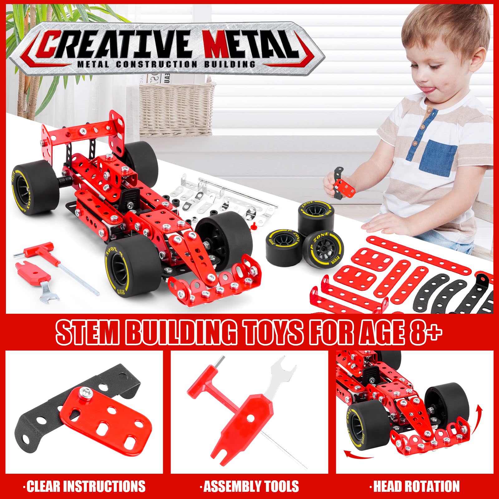 Ferthor Fun Building Car Metal Model Kits,STEM Building Toys Model Car Kits for Boys 8-12,Erector Set 1:20 Scale Red Racing Car Metal Building Blocks for Kids Boys 8 9 10 11 12-16 Years Old