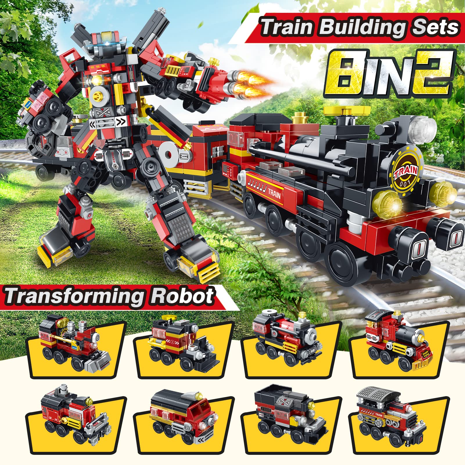 COBFDHA Train Sets Toys for Kids Age 8-12, 8-in-2 Building Blocks Kits for 12-16 Year Old Teen Boys Girls, STEM Engineering Robot Toy, Christmas Birthday Gifts for Kids Ages 6 7 9 10 11 14 (766 Pcs)