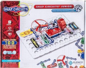 snap circuits jr. sc-100 electronics exploration kit, over 100 projects, full color project manual, 28 parts, stem educational toy for kids 8 +