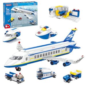 wingift 491 piece city passenger airplane building set, 6 in1 airplane bricks toy-airbus, creative building projects with shuttle bus, baggage truck, top stem toy for boy and girl ages 6 7 8+