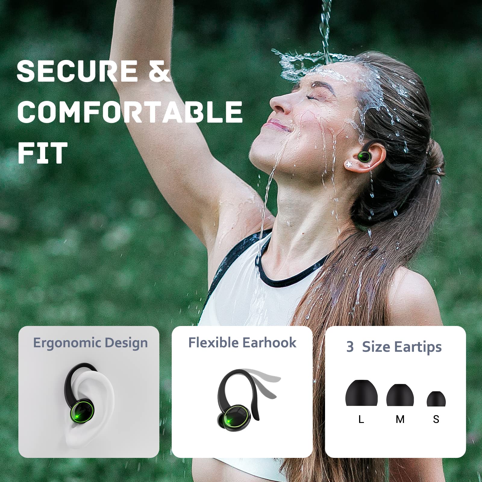 for iPhone 13 Pro Max Bluetooth 5.3 Headphones 3D Stereo with Earhook, 40H Touch Control Over Ear Headphones, IP7 Waterproof Earphones Built-in Mic for Running Workout Sport