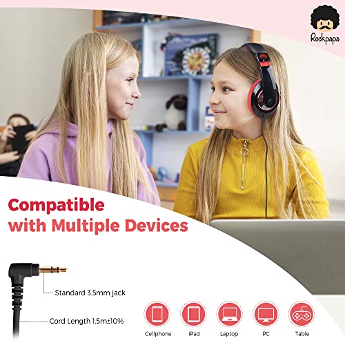 rockpapa Comfort Kids Headphones for School, Lightweight Childrens Boys Girls Teens Over-Ear Headphones Wired 3.5mm for CD DVD Player Tablet Phone Travel Black/Red