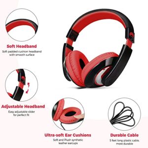 rockpapa Comfort Kids Headphones for School, Lightweight Childrens Boys Girls Teens Over-Ear Headphones Wired 3.5mm for CD DVD Player Tablet Phone Travel Black/Red