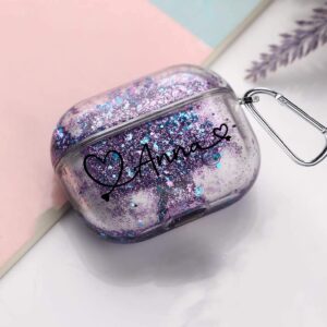 Purple Glitter Case For AirPods Pro Custom Name Keychain Protective Liquid Quicksand Personalized Pods 3 Cover Gift For Men Women MN2