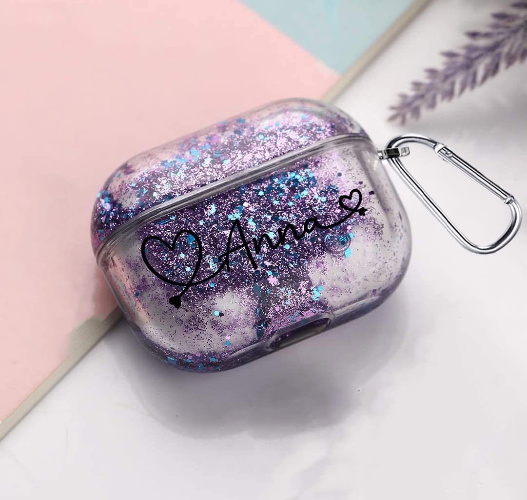 Purple Glitter Case For AirPods Pro Custom Name Keychain Protective Liquid Quicksand Personalized Pods 3 Cover Gift For Men Women MN2