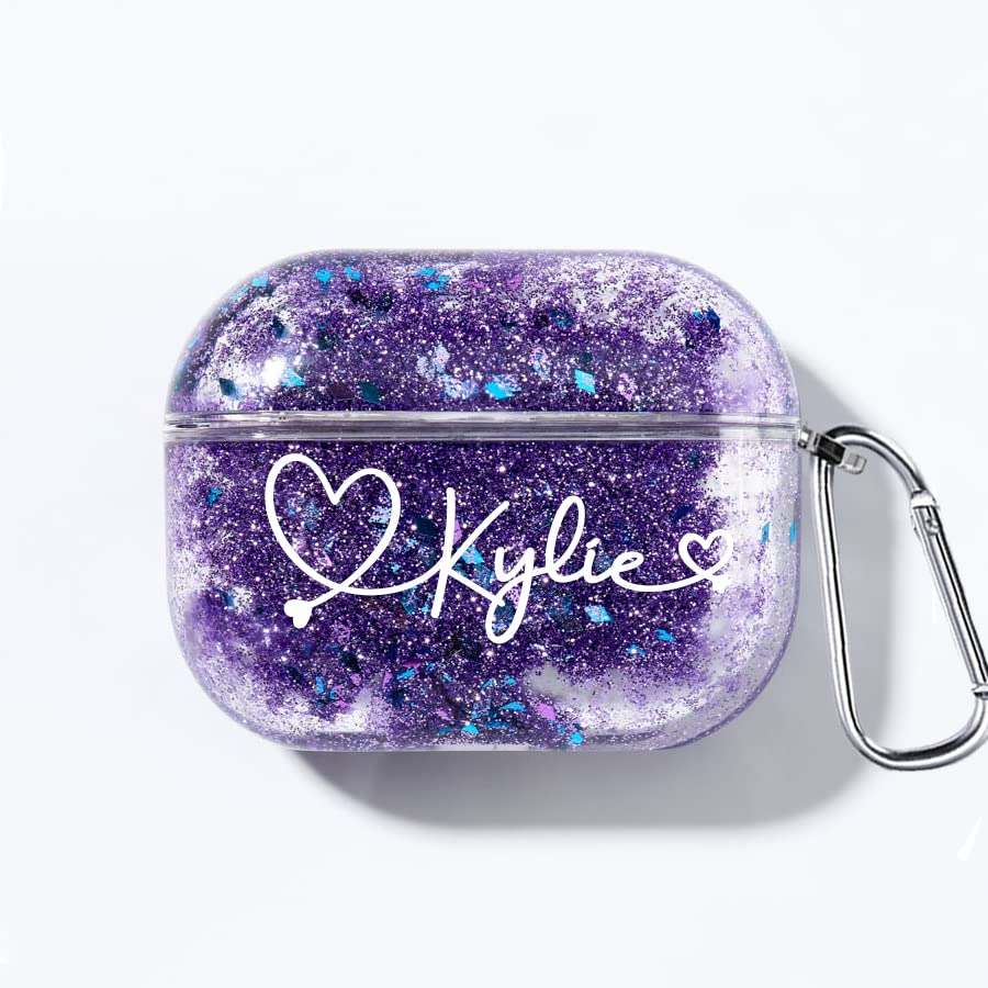 Purple Glitter Case For AirPods Pro Custom Name Keychain Protective Liquid Quicksand Personalized Pods 3 Cover Gift For Men Women MN2