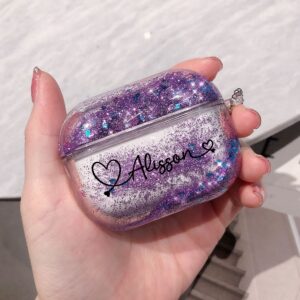 Purple Glitter Case For AirPods Pro Custom Name Keychain Protective Liquid Quicksand Personalized Pods 3 Cover Gift For Men Women MN2